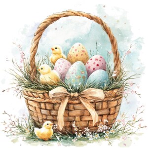 11 Easter Basket Clipart, Easter Chicks Clipart, Printable Watercolor ...
