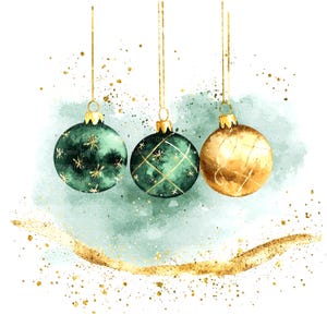 10 Christmas Card Clipart, Green Golden Baubles, Printable Watercolor ...