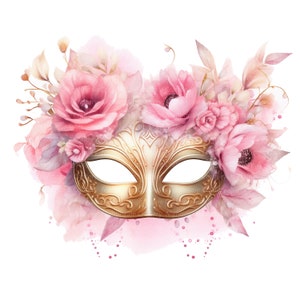 8 Floral Mask Clipart, Pink Golden Mask Clipart, Printable Watercolor ...