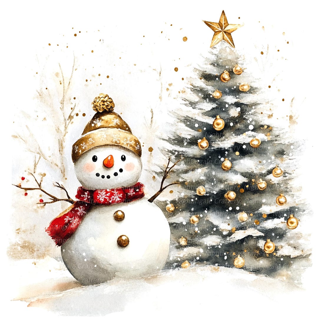 8 Golden Snowman Clipart, Christmas Clipart, Printable Watercolor ...