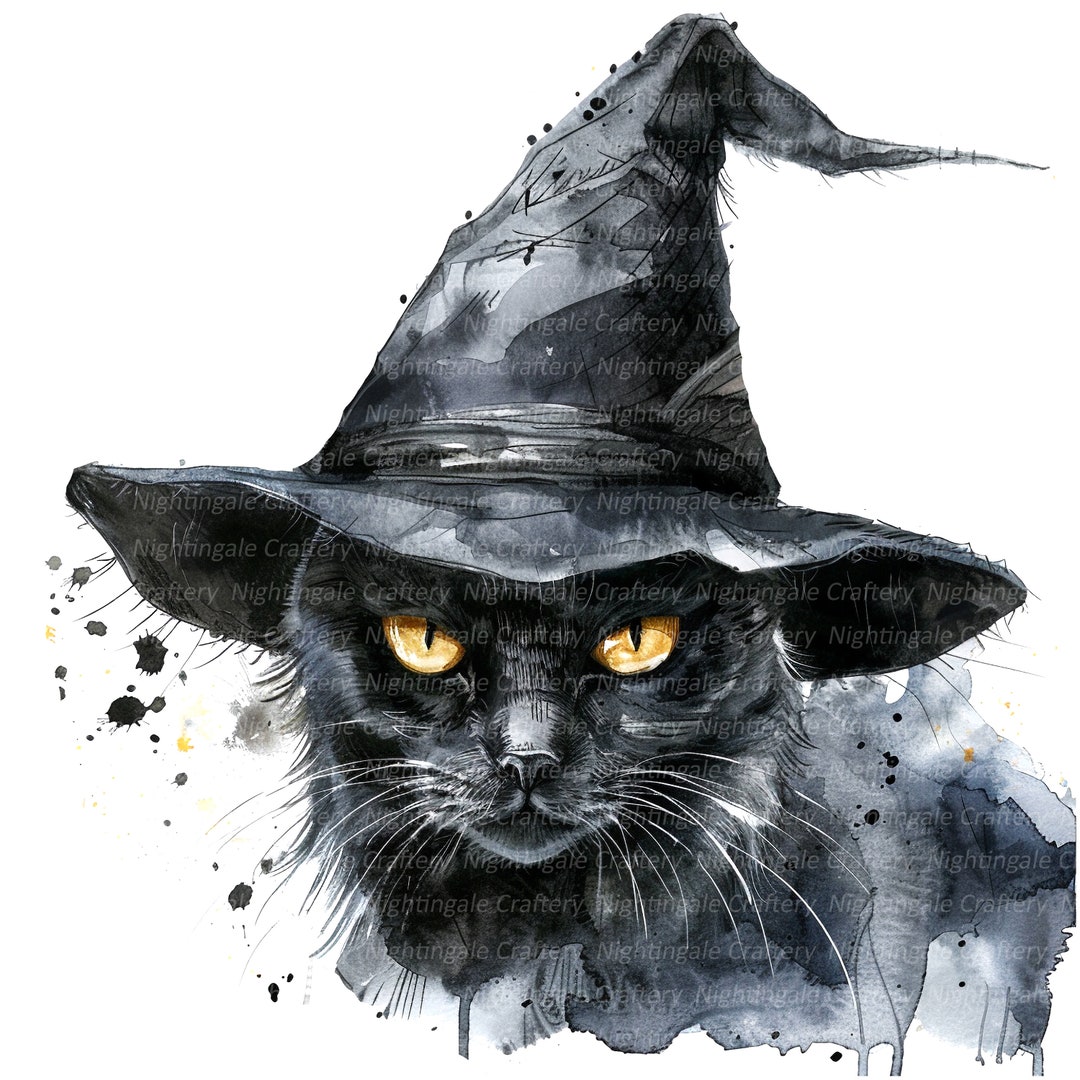 11 Black Cat Clipart, Black Cat Hat Clipart, Printable Watercolor ...