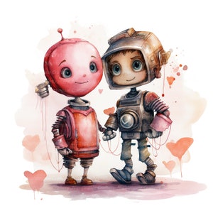 8 Romantic Robots Couple Clipart, Robot Lovers, Printable Watercolor ...