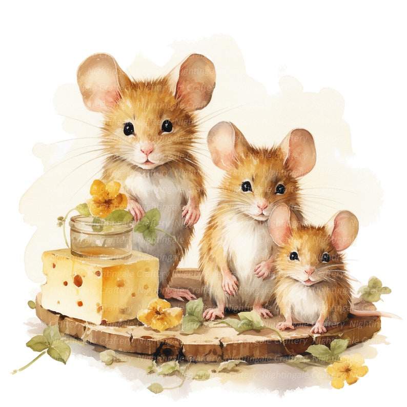 12 Mice Family Party Clipart, Mouse and Cheese, Printable Watercolor ...