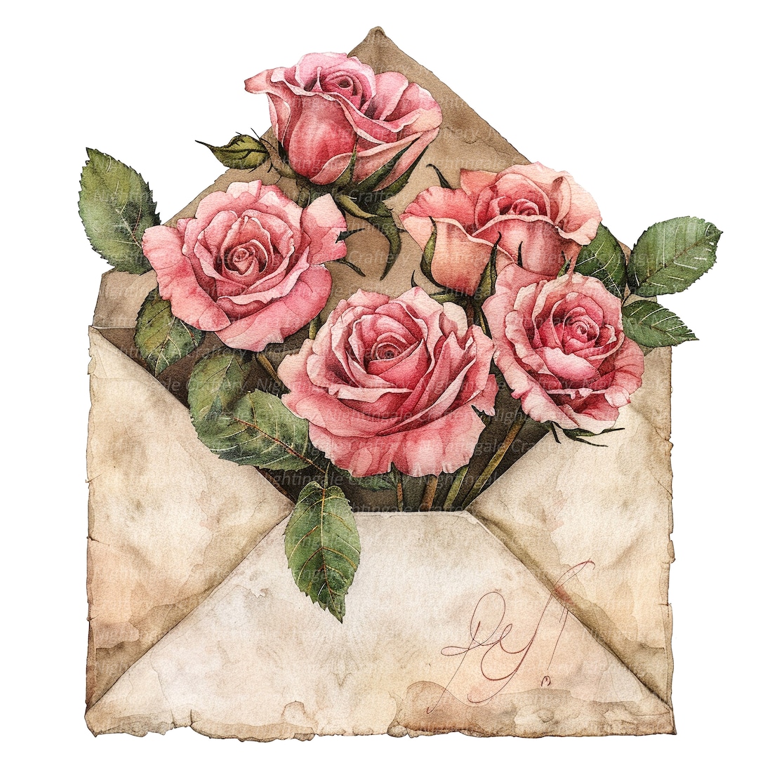 9 Roses in Envelope Clipart, Floral Envelope, Printable Watercolor ...