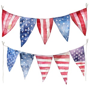 10 USA Flag Clipart, Patriotic Bunting Clipart, Printable Watercolor ...