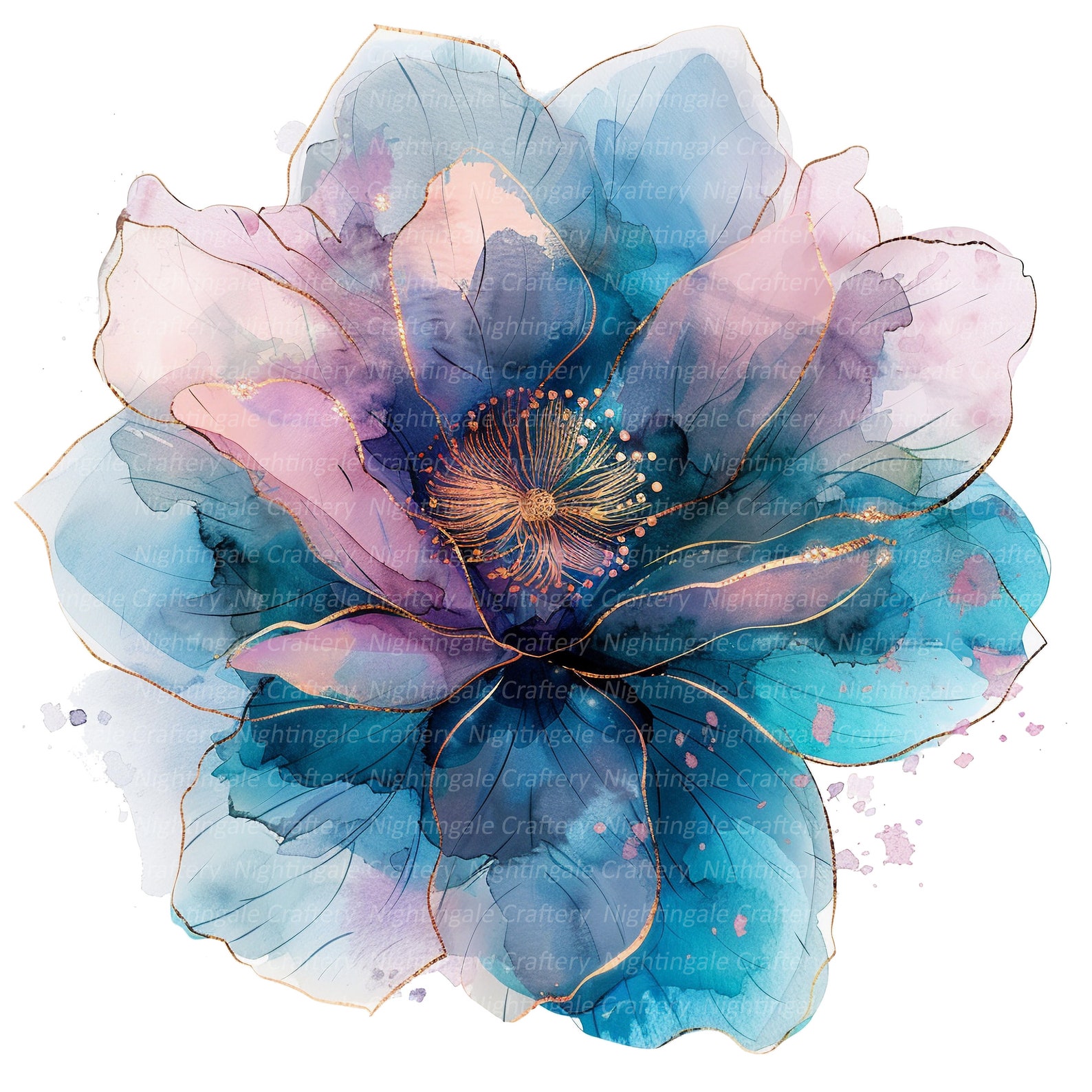 10 Abstract Blue Pink Flowers Clipart, Printable Watercolor Clipart ...