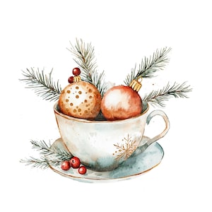 10 Christmas Tea Cup Clipart, Christmas Card, Printable Watercolor ...