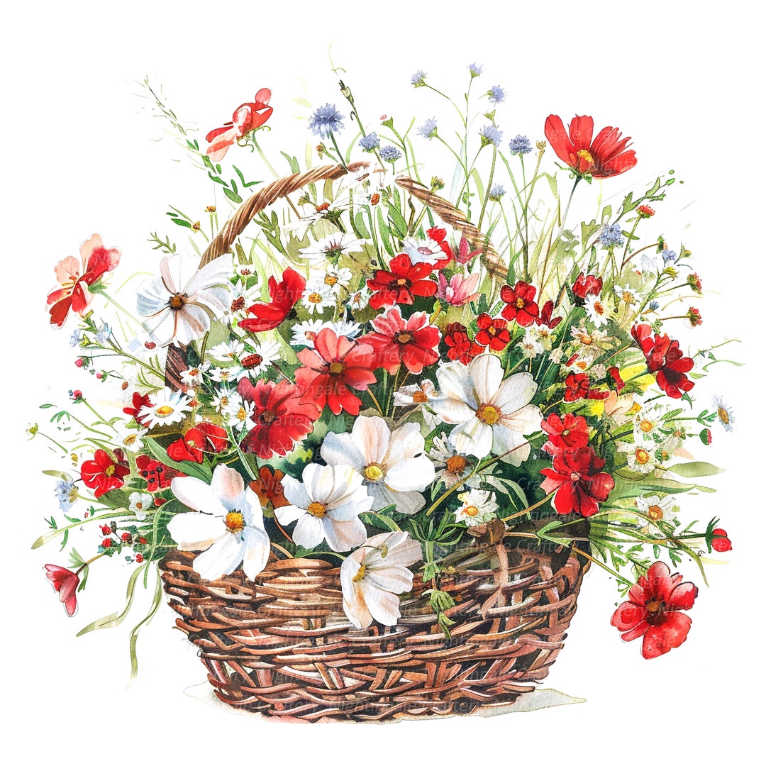 8 Floral Basket Clipart, Red Flowers, Printable Watercolor Clipart ...