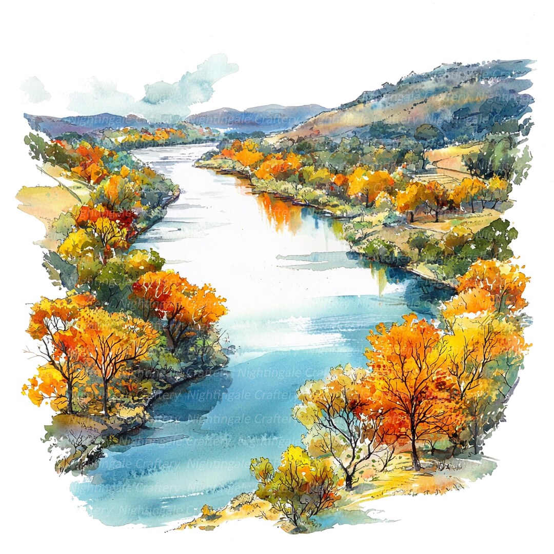 10 River Landscape Clipart, Autumn River, Printable Watercolor Clipart ...