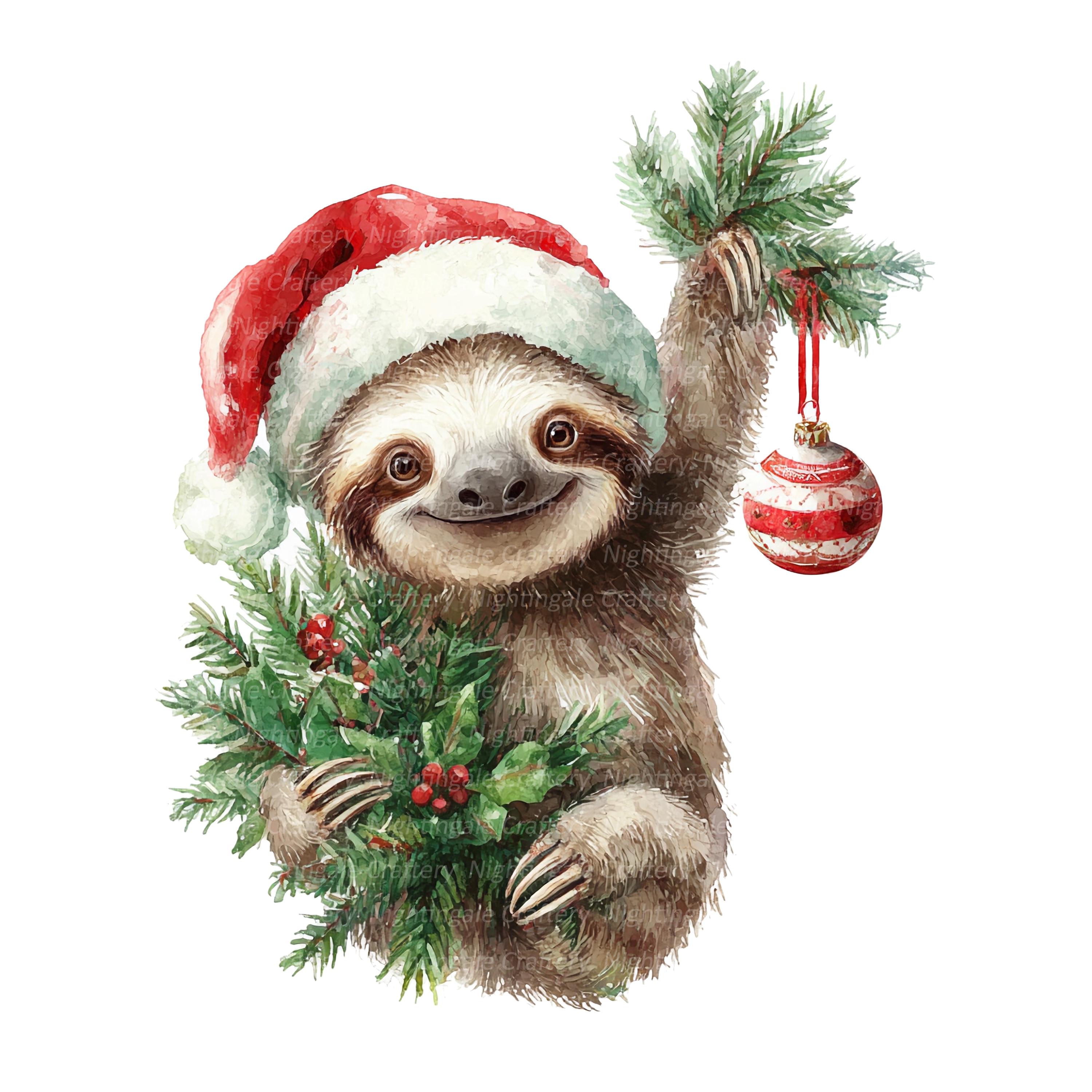10 Christmas Sloth Clipart, Cute Sloth, Printable Watercolor Clipart ...