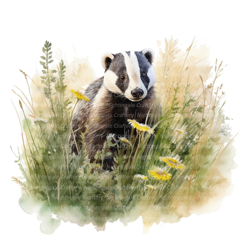 Badger in Meadow Clipart, Printable Watercolor Clipart, 10 High Quality ...
