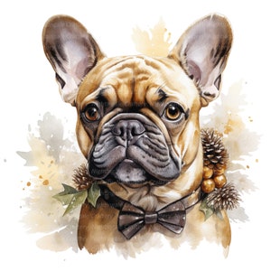 14 French Bulldog Clipart, Golden Christmas Theme, Printable Watercolor ...