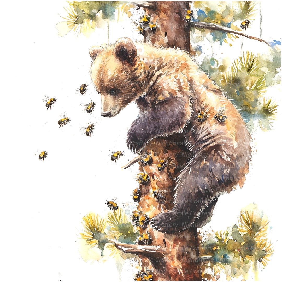 13 Bear and Bees, Bear Honey, Bear Cub Clipart, Printable Watercolor Clipart, High Quality JPG ...