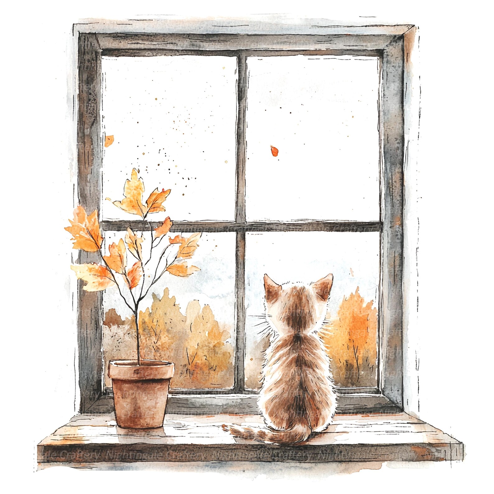 10 Kitten Window Clipart, Autumn Clipart, Printable Watercolor Clipart ...
