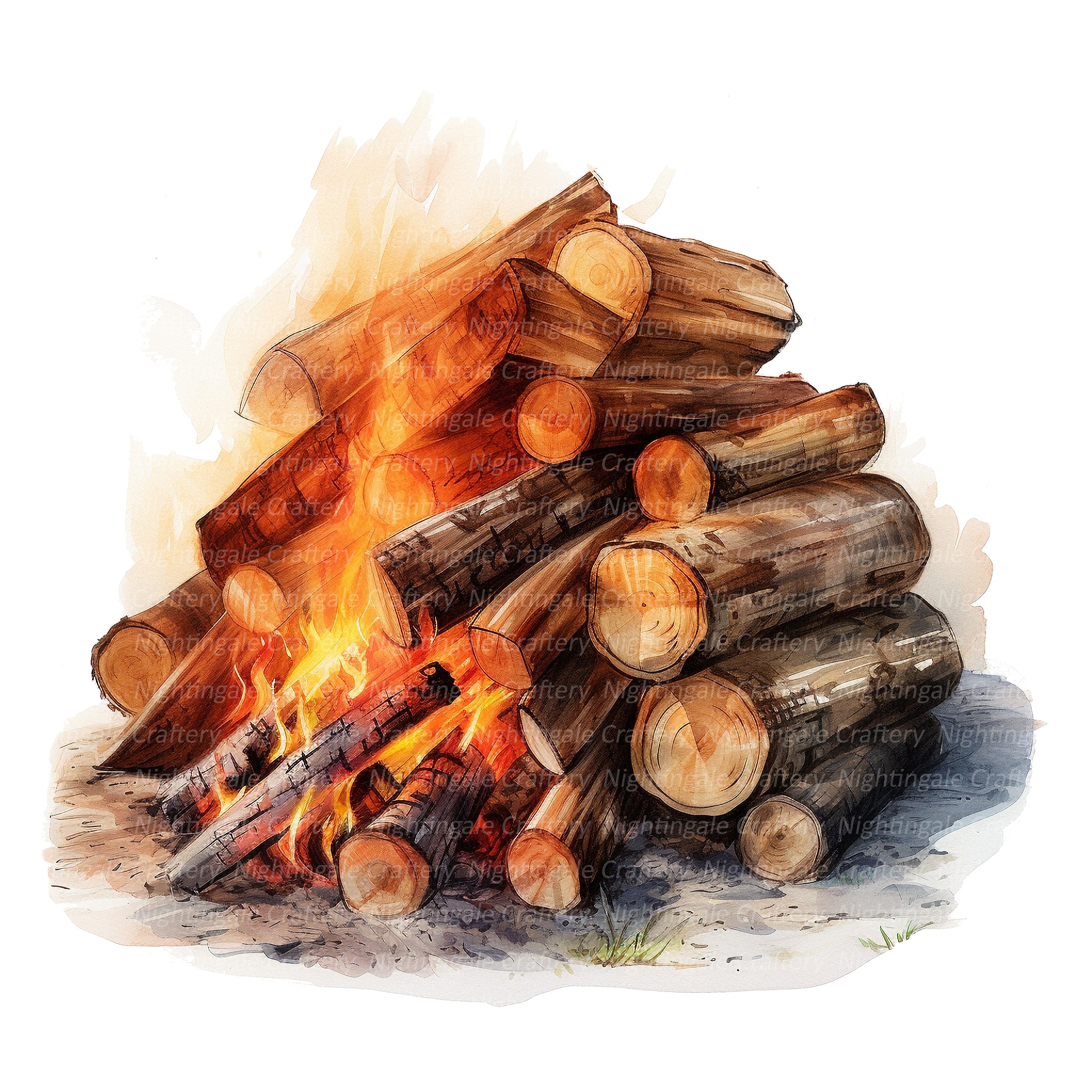 10 Bonfire Campfire Clipart, Firewood Clipart, Printable Watercolor ...