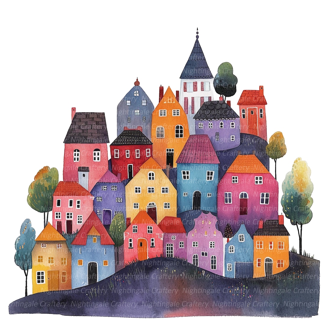 8 Village Clipart, Purple Village, Coloured Houses, Printable ...