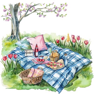11 Spring Picnic Clipart, Picnic in Park, Printable Watercolor Clipart ...