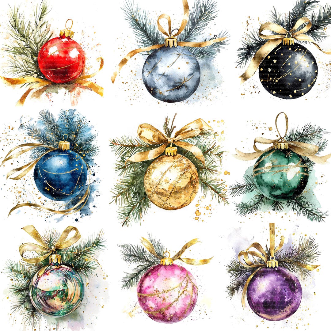 16 Coloured Baubles Clipart, Christmas Bauble, Printable Watercolor ...