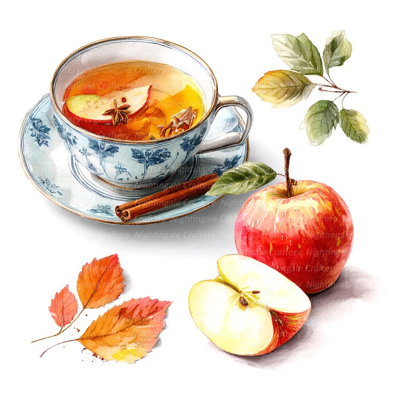 8 Apple Tea Cup Clipart, Autumn Tea Clipart, Printable Watercolor ...