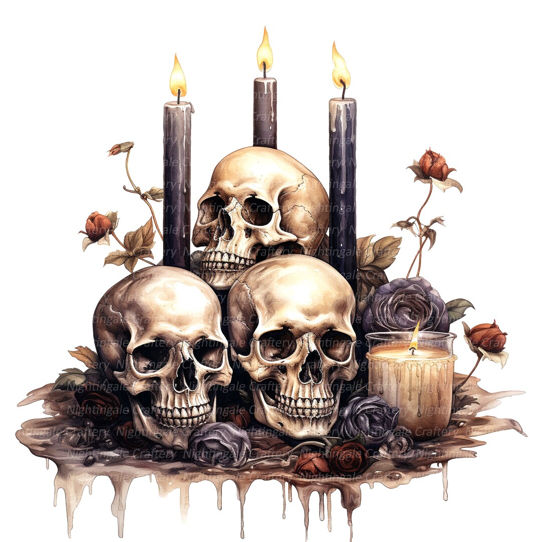 12 Halloween Skull Clipart, Candles Clipart, Printable Watercolor ...