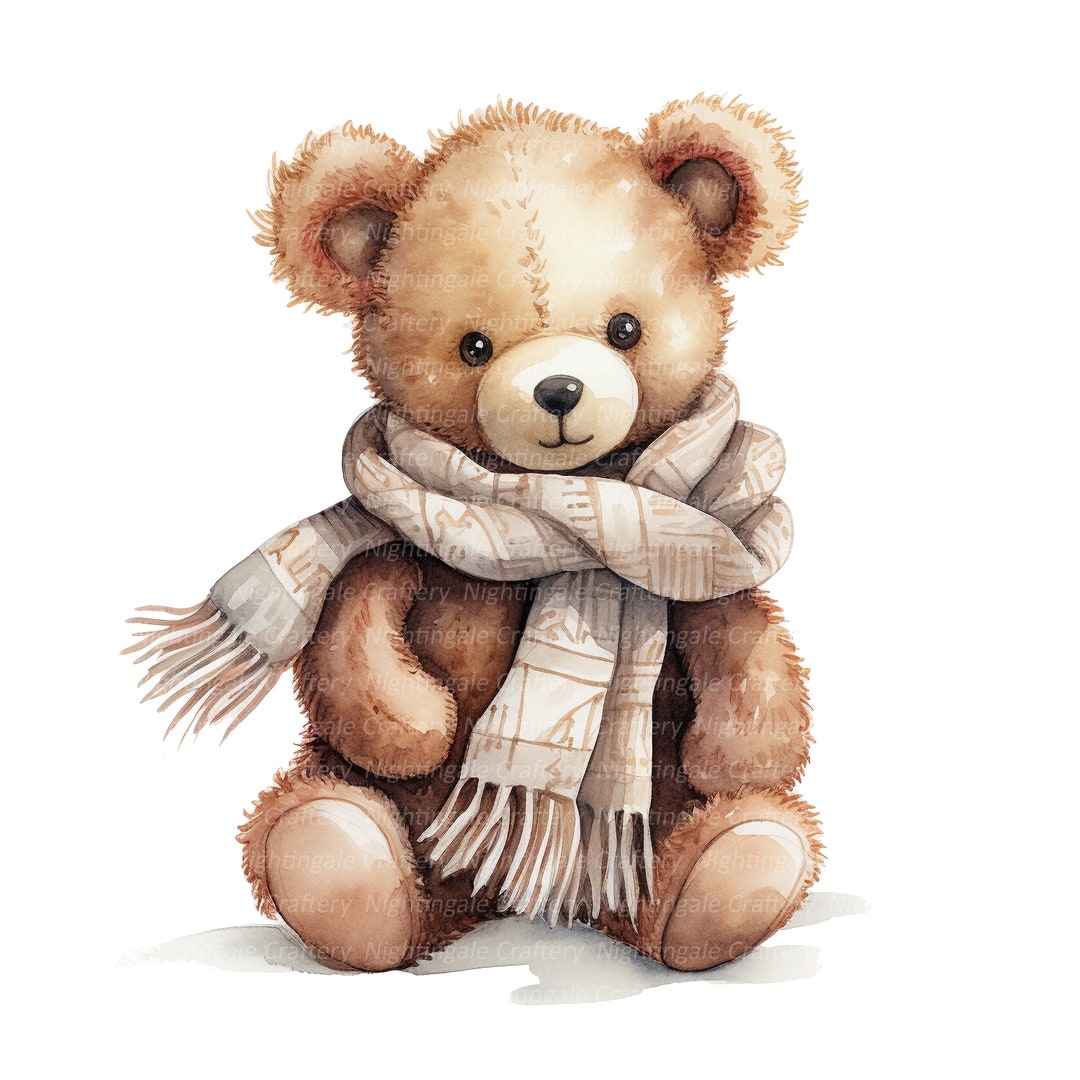 12 Teddy Bear With Scarf Clipart, Winter Teddy, Printable Watercolor ...