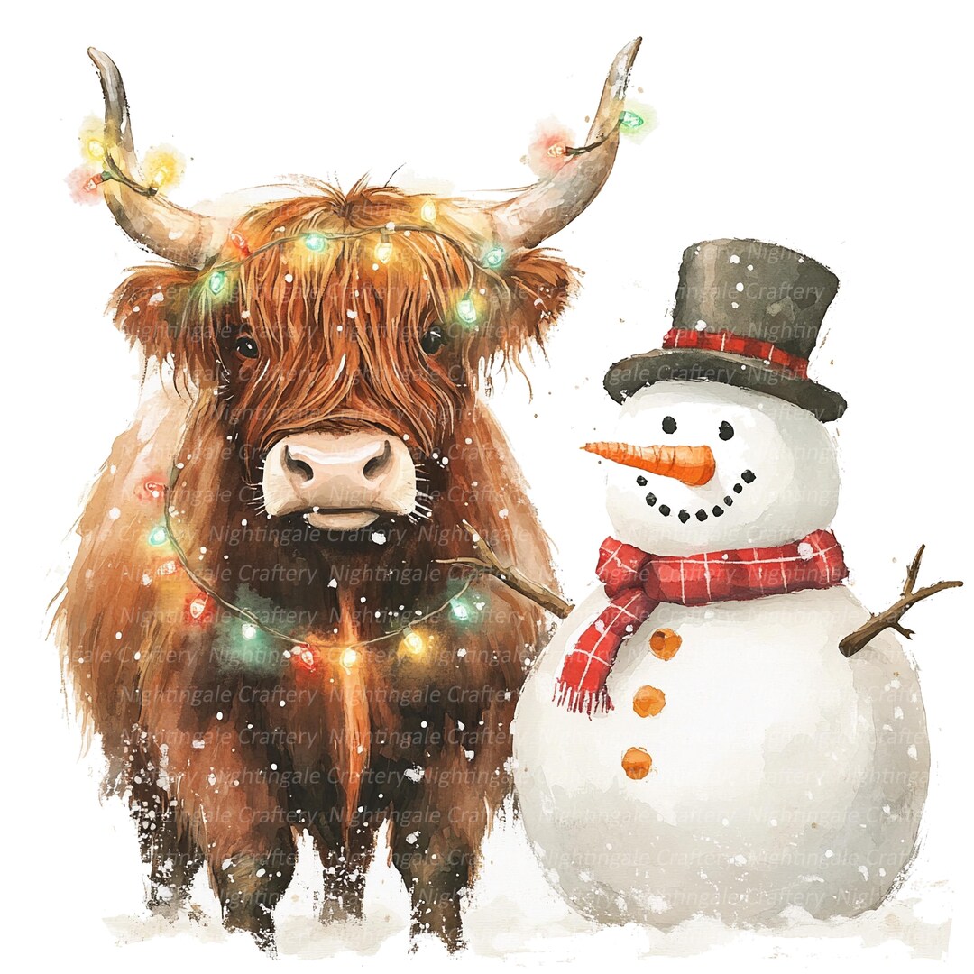 8 Christmas Highland Cow Clipart, Snowman Clipart, Printable Watercolor ...