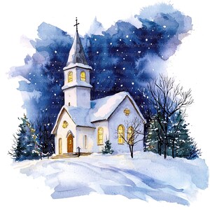 12 Christmas Church Clipart Set 2, Christmas Card, Printable Watercolor ...