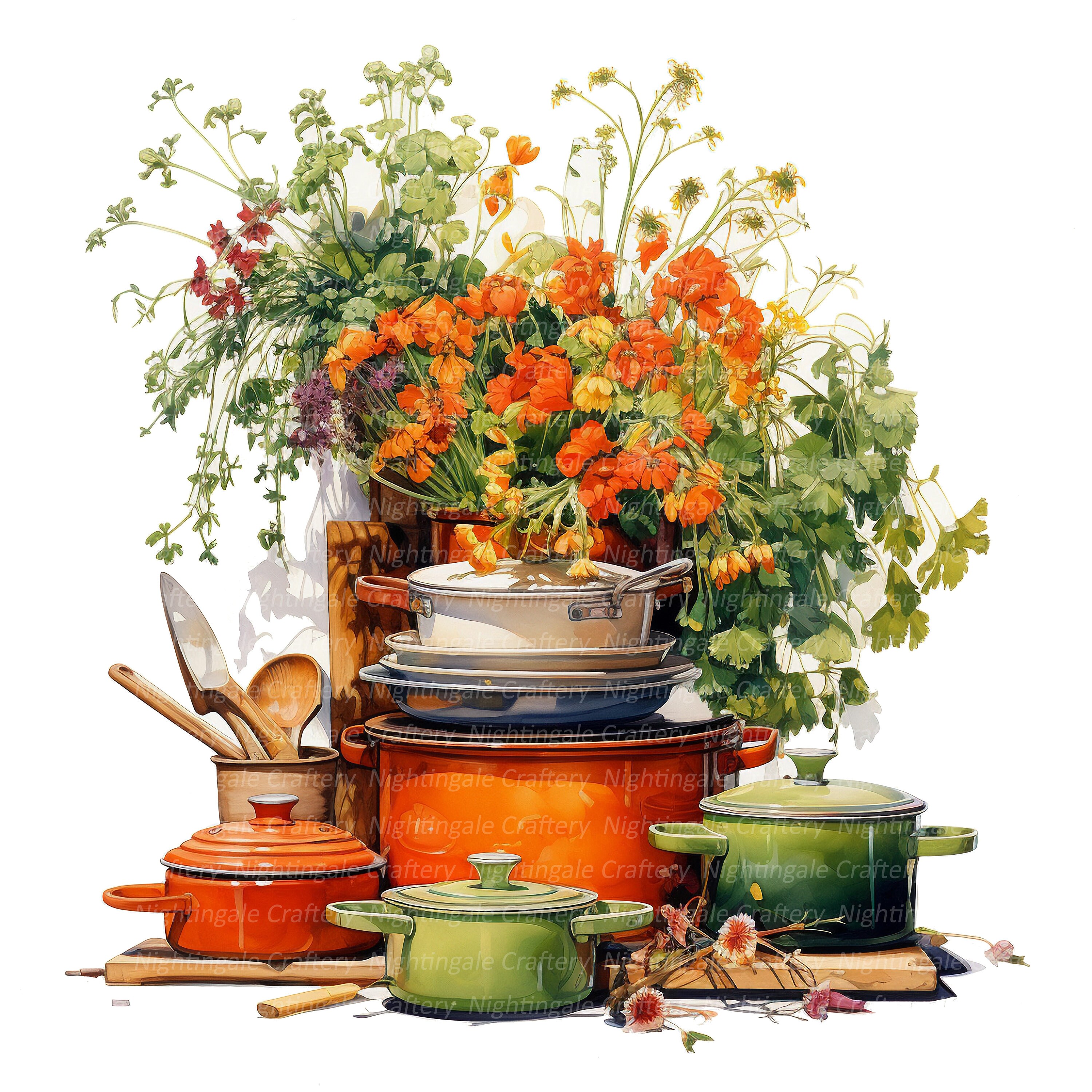 11 Pots and Pans, Kitchen Flowers Clipart, Printable Watercolor Clipart ...