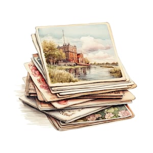 10 Stack of Postcards Clipart, Vintage Postcard, Printable Watercolor ...
