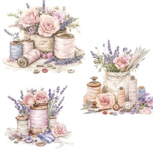 14 Vintage Spools of Thread Clipart, Floral Sewing Kit, Printable ...