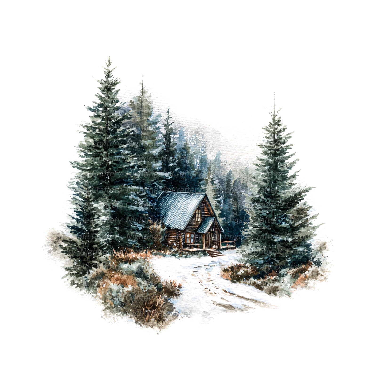 9 Cozy Cabin in Winter Clipart, Snowy Cabin, Printable Watercolor ...