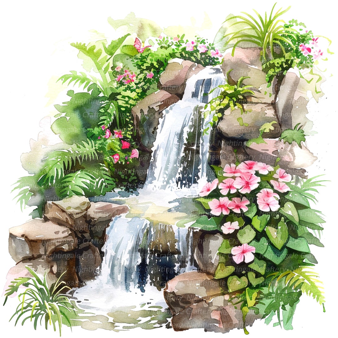 12 Floral Garden Waterfall Clipart, Garden Print, Printable Watercolor ...
