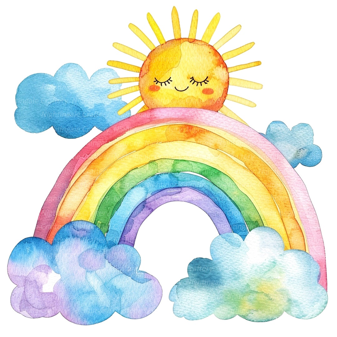10 Sun and Rainbow Clipart, Nursery Rainbow, Printable Watercolor ...