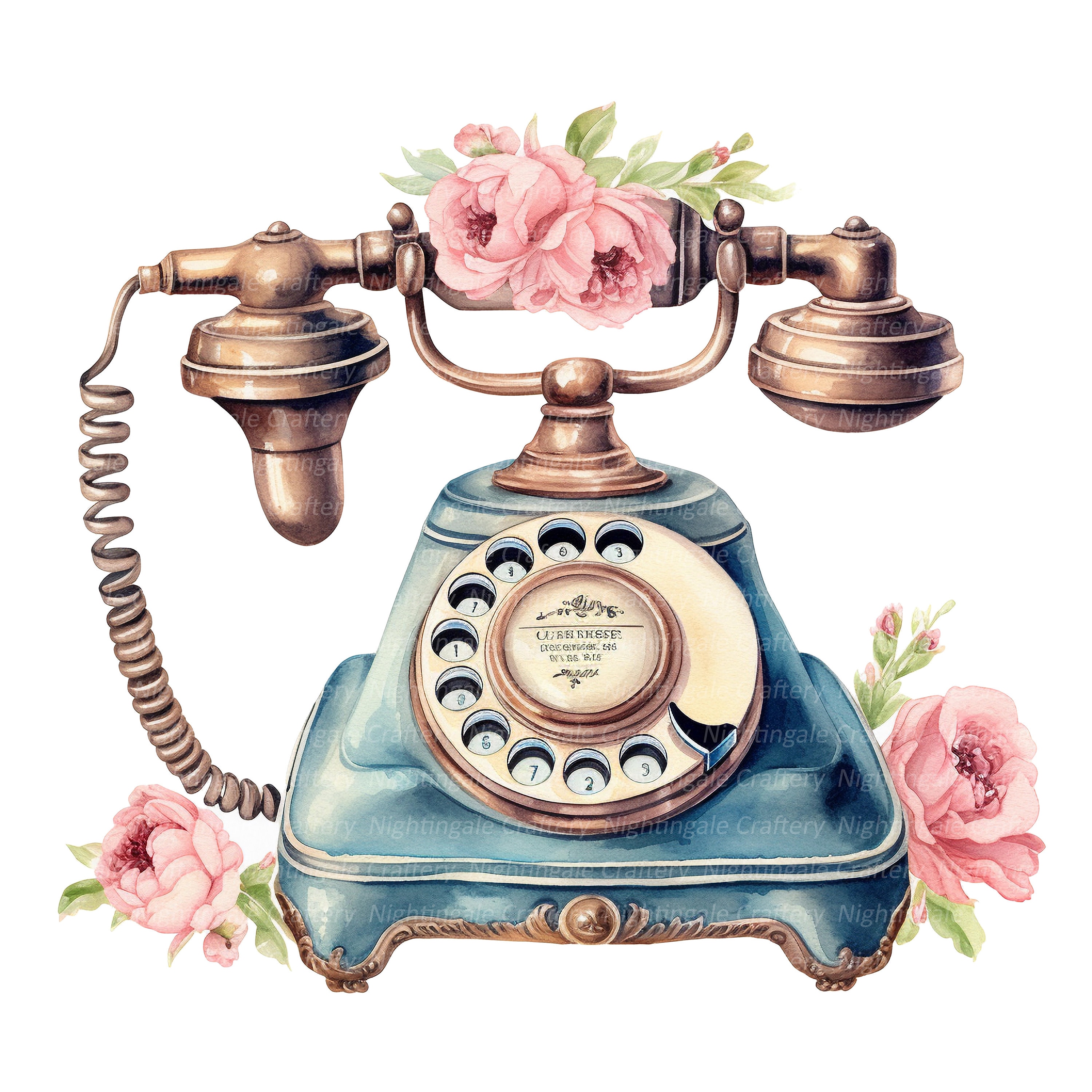8 Vintage Floral Phone Clipart, Retro Telephone, Printable Watercolor ...