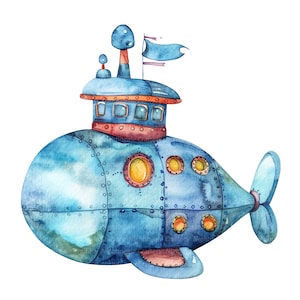 10 Cartoon Submarine Clipart, Toy Sub Clipart, Printable Watercolor ...