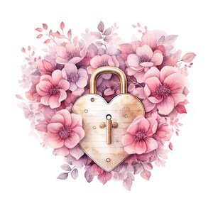 14 Vintage Floral Padlock Clipart, Heart Shaped, Printable Watercolor ...