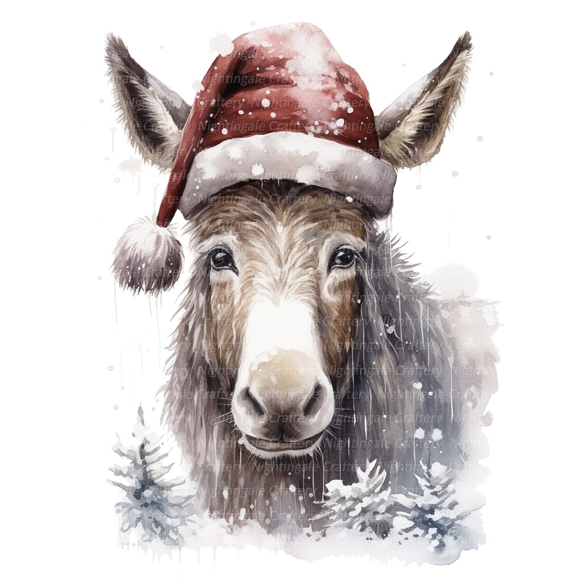 12 Donkey With Santa Hat Clipart, Funny Donkey, Printable Watercolor ...
