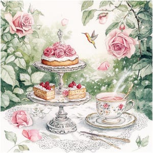 13 Rose Garden Tea Party, Tea Party Clipart, Printable Watercolor ...