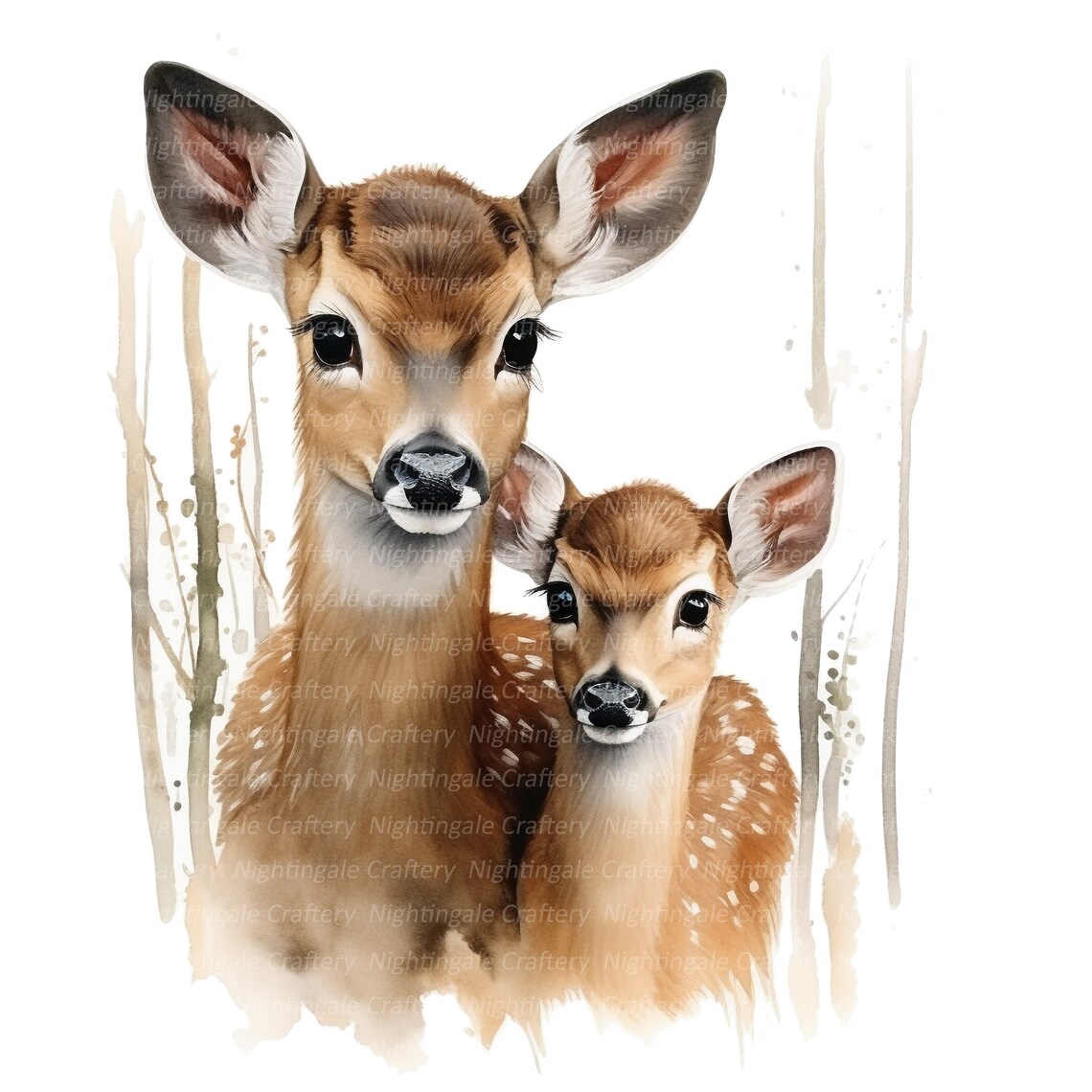 10 Fawn With Baby, Fawn in Forest Clipart, Printable Watercolor Clipart ...