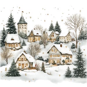 8 Christmas Village Clipart, Christmas Card, Printable Watercolor ...