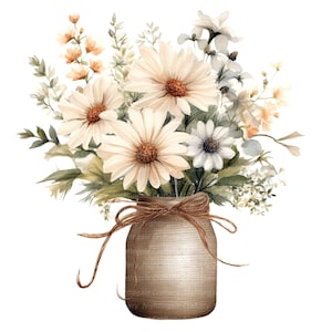 12 Flowers in Rustic Vase Clipart, Daisies, Printable Watercolor ...