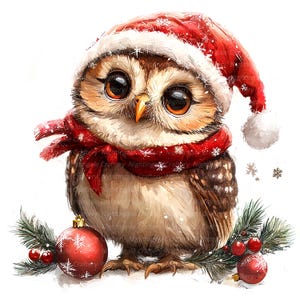 9 Christmas Owl Clipart Set 2, Christmas Card, Printable Watercolor ...