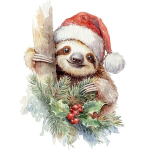 10 Christmas Sloth Clipart, Cute Sloth, Printable Watercolor Clipart ...