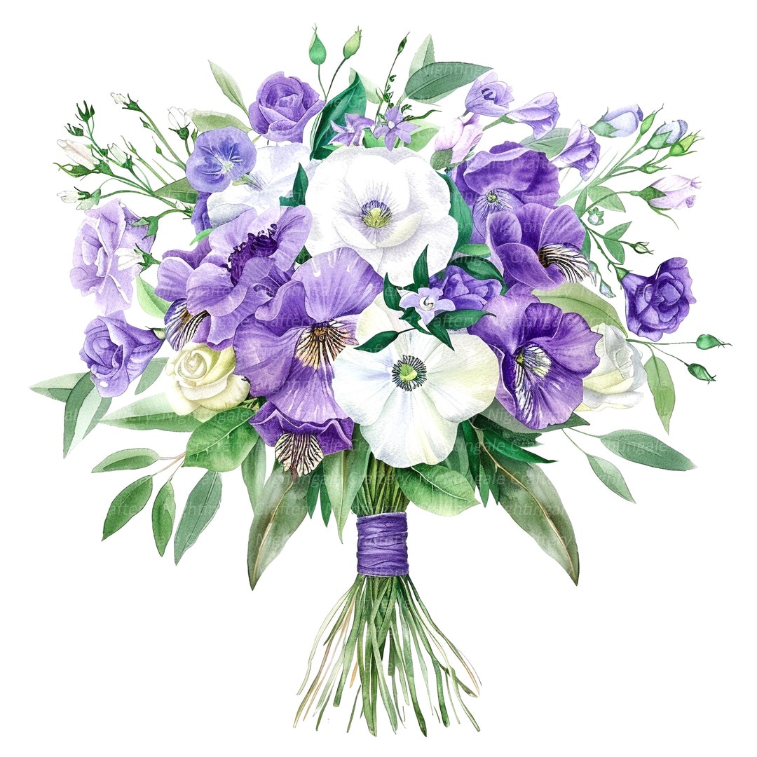 8 Purple Flowers Bouquet Clipart, Violet Floral, Printable Watercolor ...