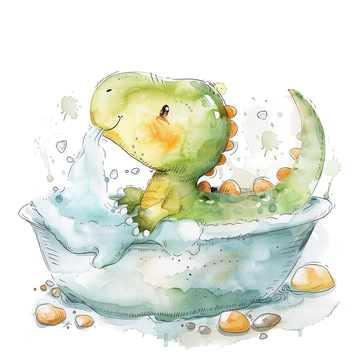 12 Cartoon Dinosaur Clipart, Dinosaur in Bath, Printable Watercolor ...