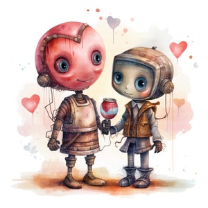 8 Romantic Robots Couple Clipart, Robot Lovers, Printable Watercolor ...