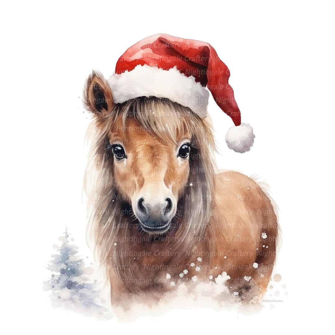 12 Christmas Pony Clipart, Pony With Santa Hat, Printable Watercolor ...