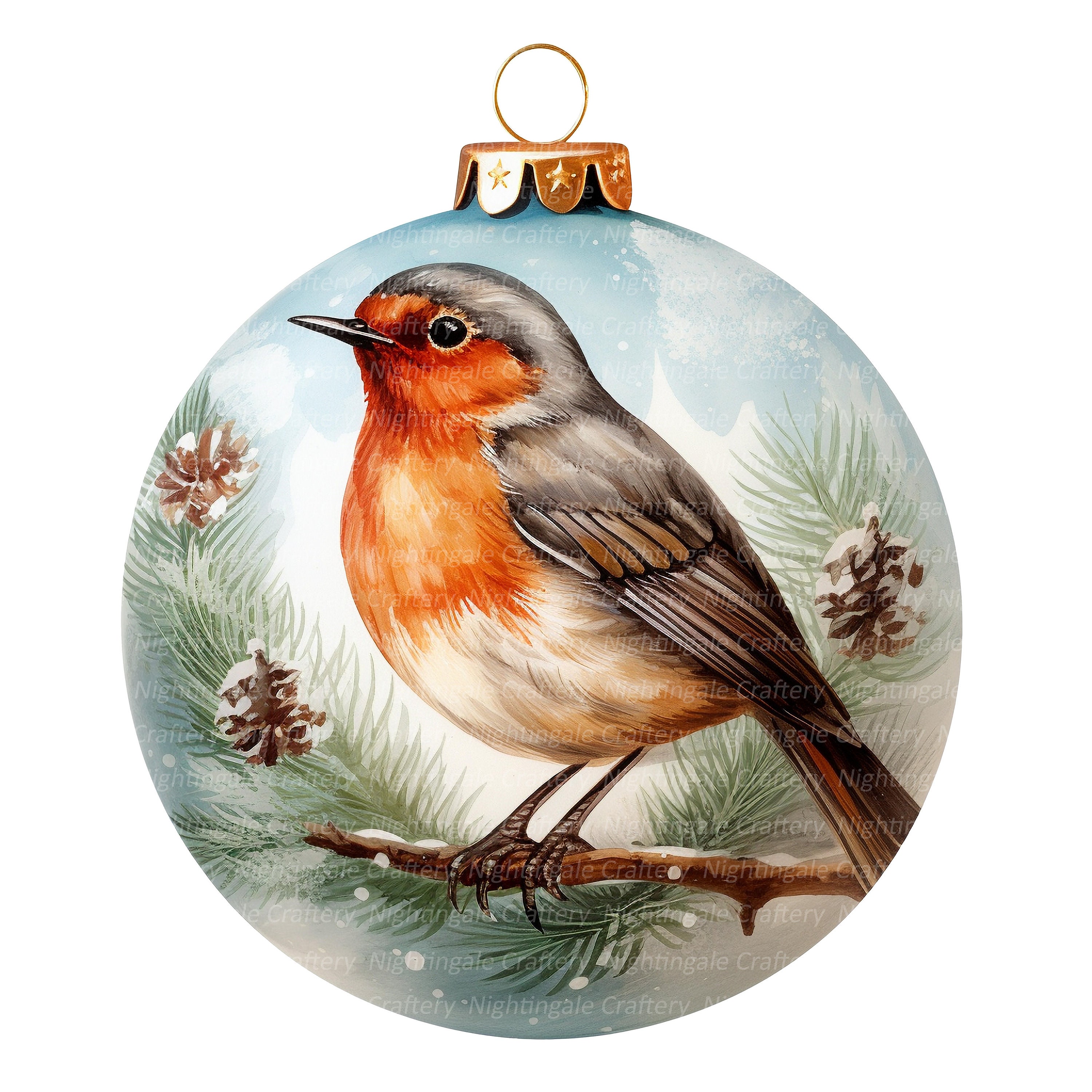 10 Vintage Christmas Robin Bauble Clipart, Printable Watercolor Clipart ...