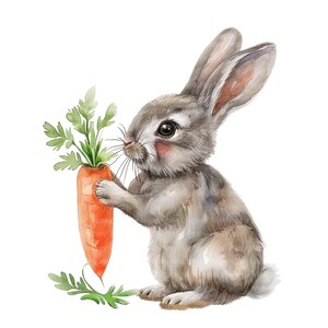 8 Bunny With Carrot Clipart, Cartoon Bunny, Printable Watercolor ...