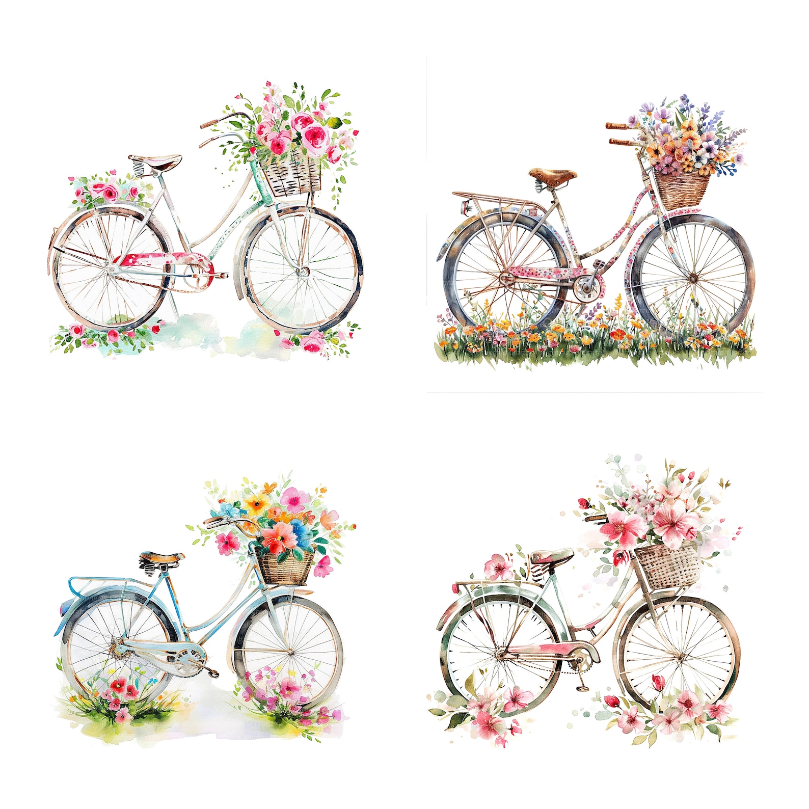 16 Vintage Floral Bicycle Clipart, Shabby Chic, Printable Watercolor ...